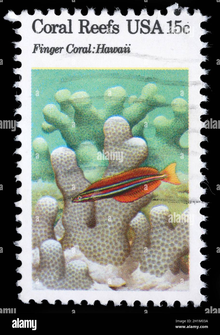 Stamp printed in the USA shows Coral Reefs, Finger Coral, Hawaii, circa ...