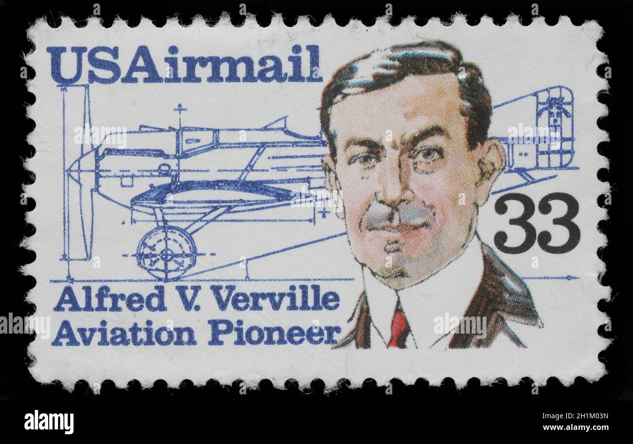 Stamp printed in the USA, shows Alfred V. Verville (1890-1970 ...