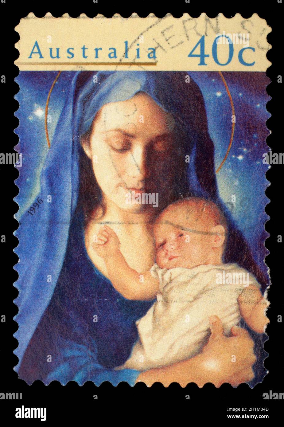 Stamp printed in Australia from the "Christmas " issue shows Madonna ...