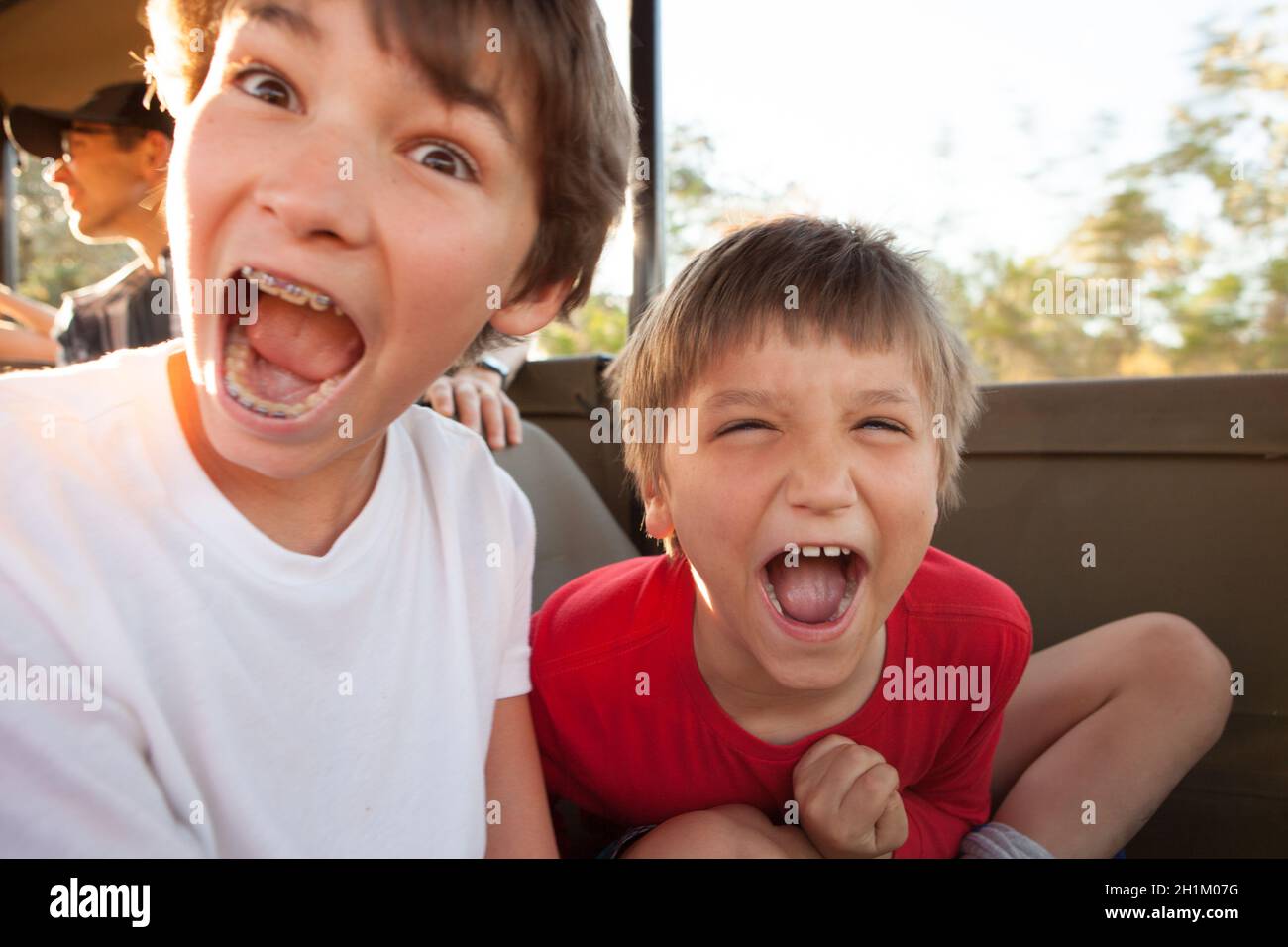 Crazy silly tween brothers on safari Stock Photo - Alamy