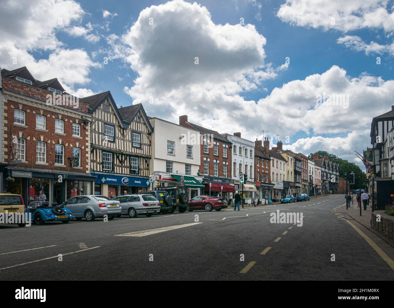 View of the High Street in the ancient market town of Ledbury ...