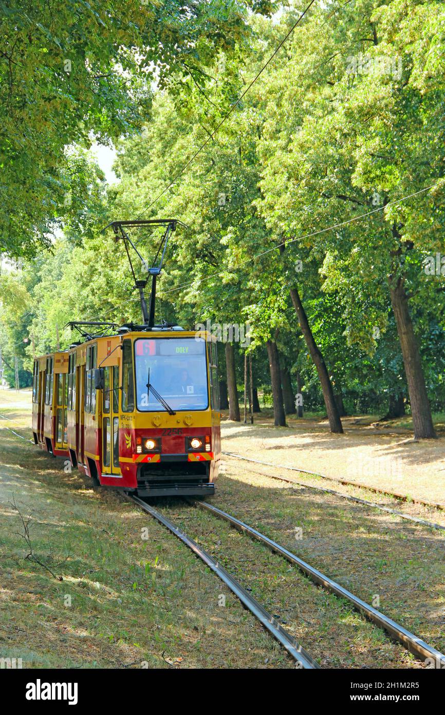 Modern tram riding around city among park with many green trees ...