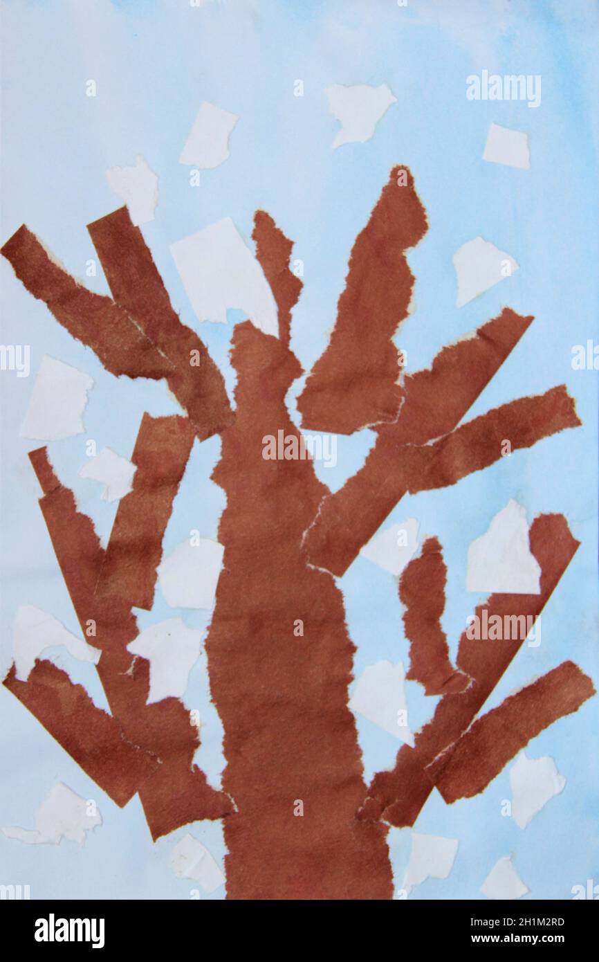 Children's drawing with brown tree on blueish background. Childish ...