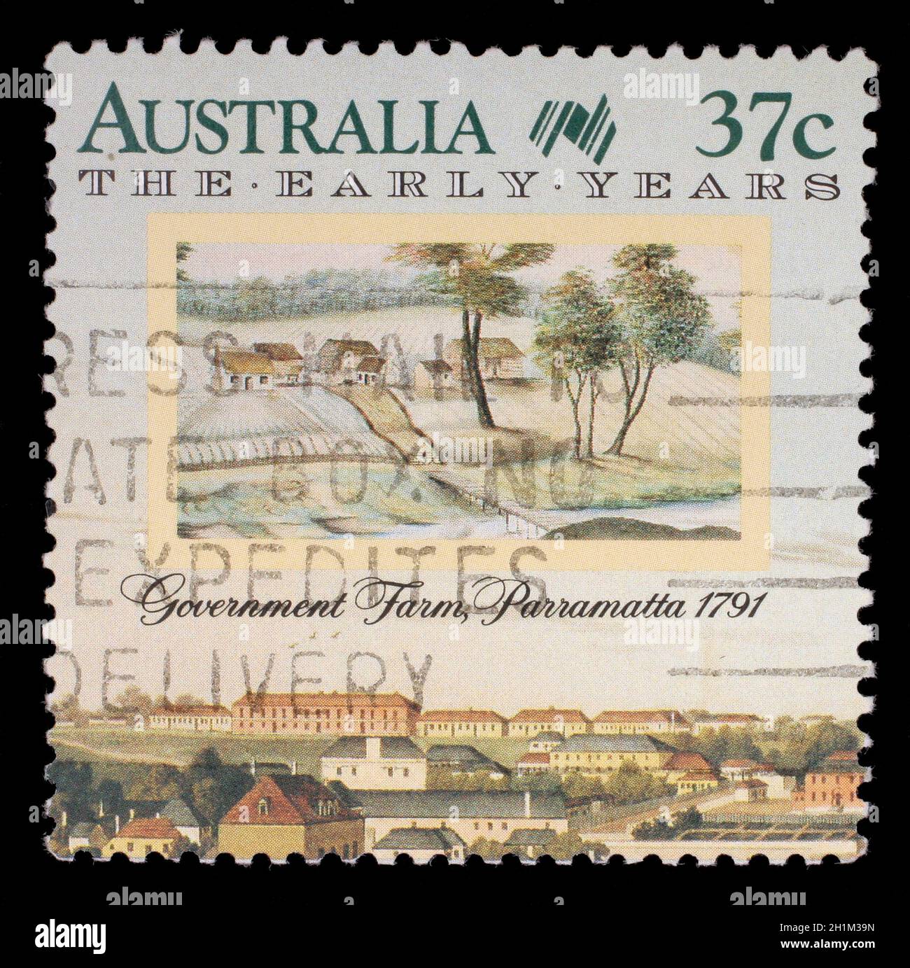 Stamp printed in Australia shows the Government Farm, Parramatta ...