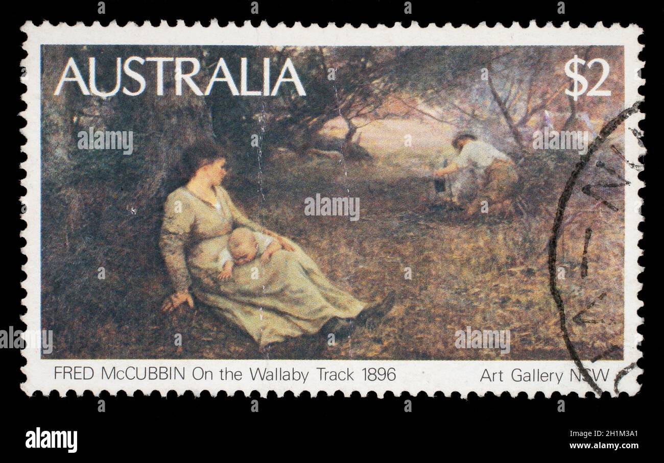 Stamp printed in Australia shows the On the Wallaby Track (1896), by ...