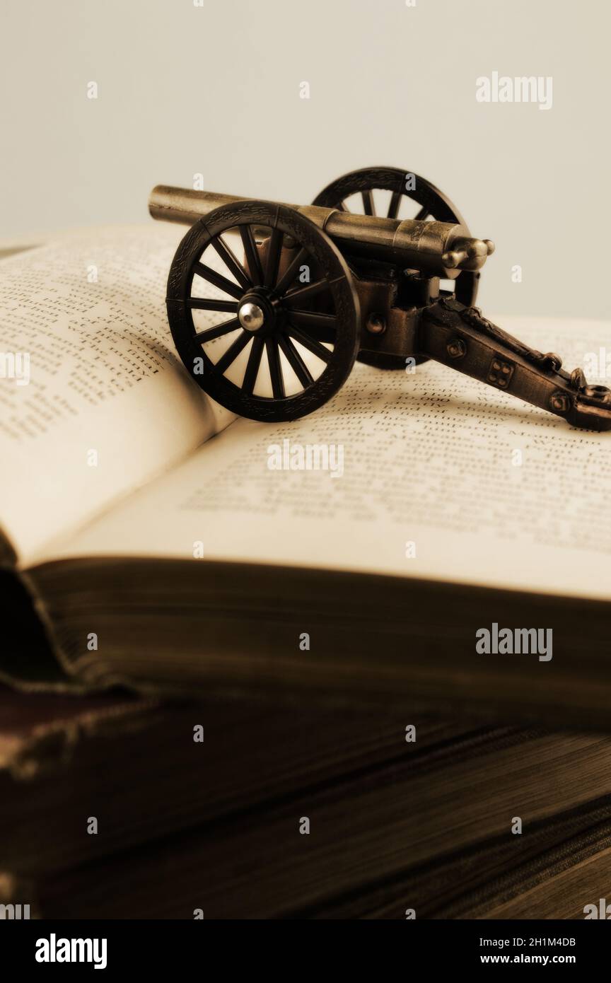 Closeup of old books and a war cannon for historical literature themes ...