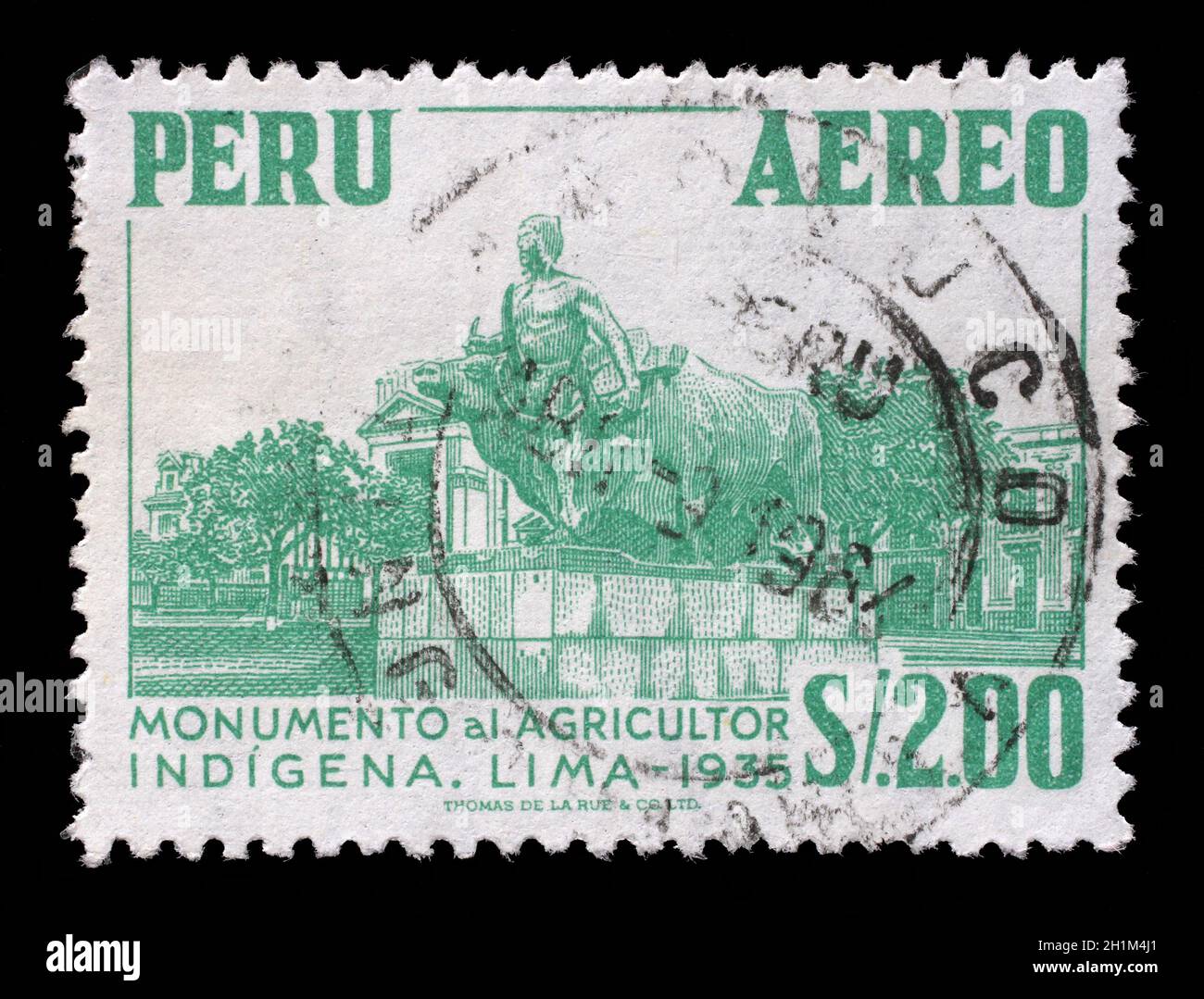 Stamp printed in Peru shows Monument to the indigenous farmer at Lima ...