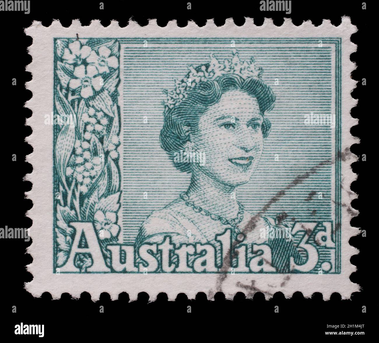 Stamp printed in Australia shows a portrait of Queen Elizabeth II ...