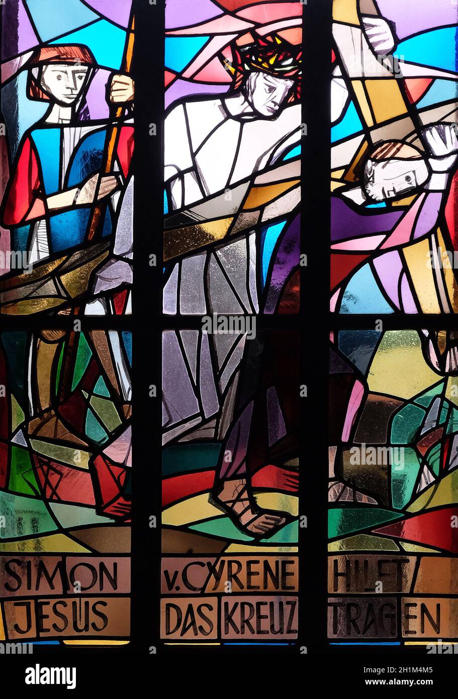 5th Stations of the Cross, Simon of Cyrene carries the cross, stained ...