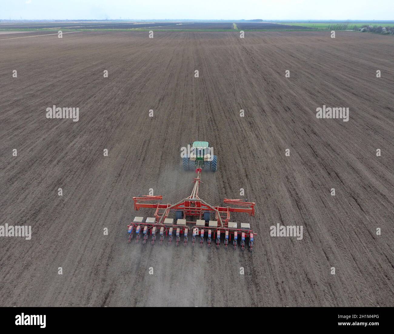 Sowing of corn. Tractor with a seeder on the field. Using a seeder for ...