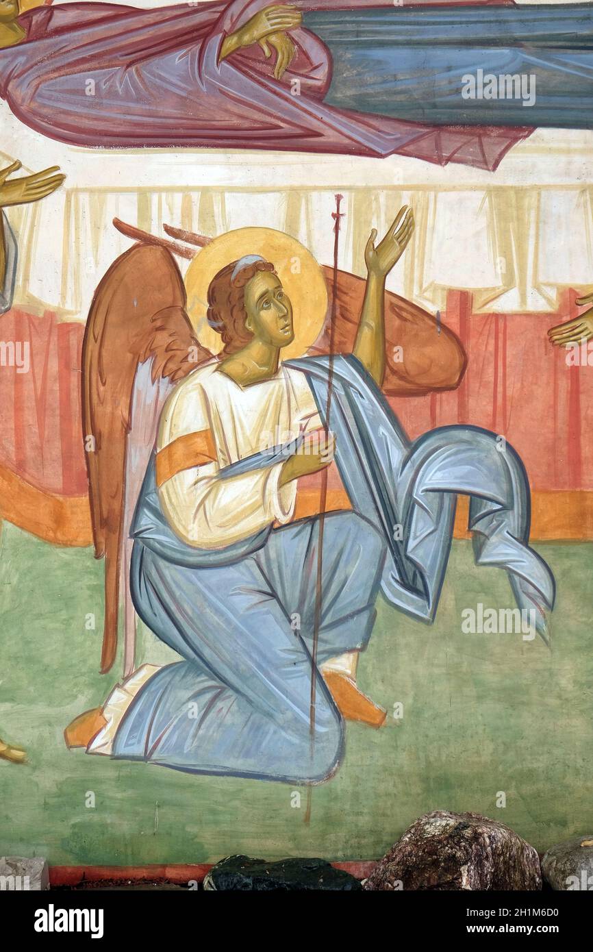 Angel, fresco at the external wall of the 15th-century monastery ...