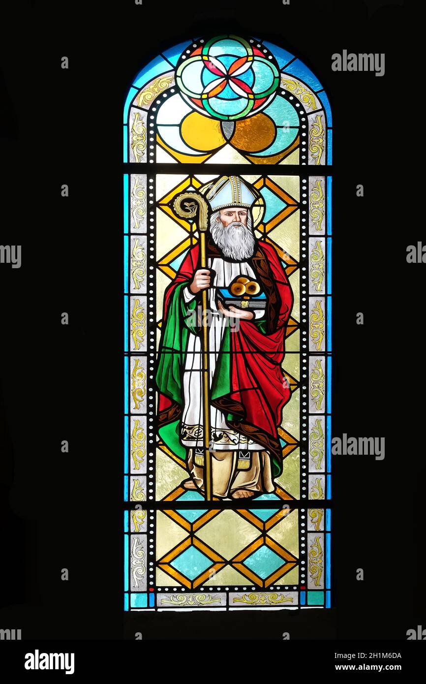 Saint Nicholas, stained glass window in the Shrine of the Queen of ...