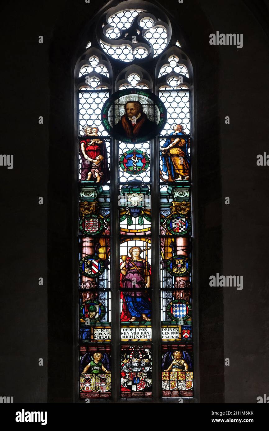 Stained glass window in the St James Church in Rothenburg ob der Tauber ...