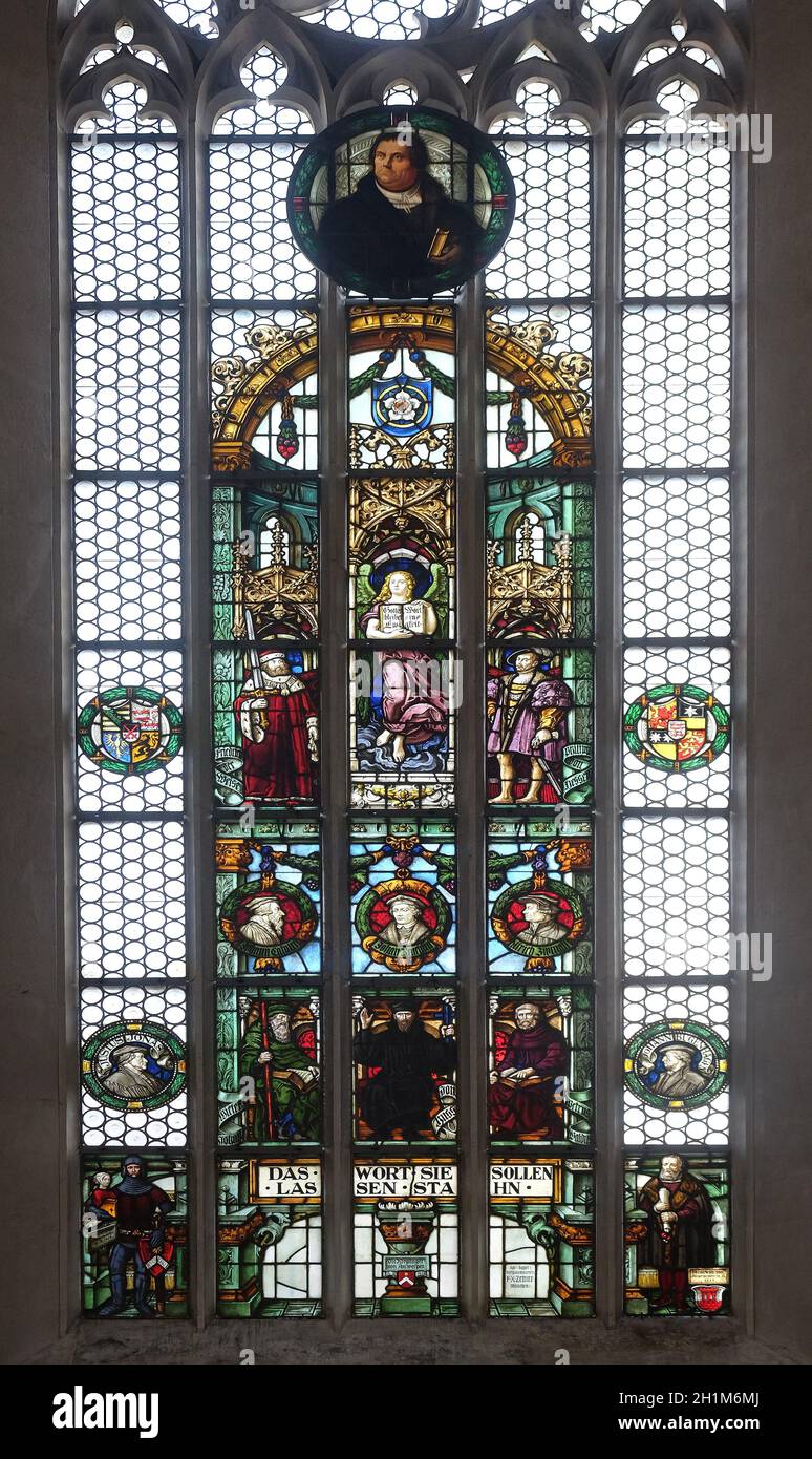 Stained glass window in the St James Church in Rothenburg ob der Tauber ...