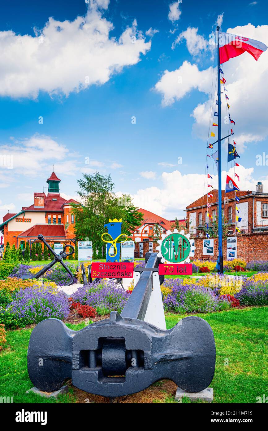 Stettin Poland, June 2019 Anchors and nautical equipment, flower ...