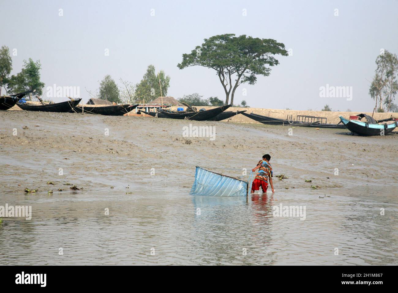 Fisherman uses fishing net in a traditional way for fishing in a river ...