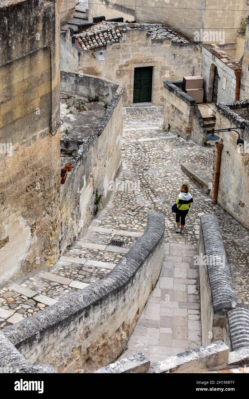 Matera, Italy - September 20, 2019: Typical cobbled stairs in a side ...