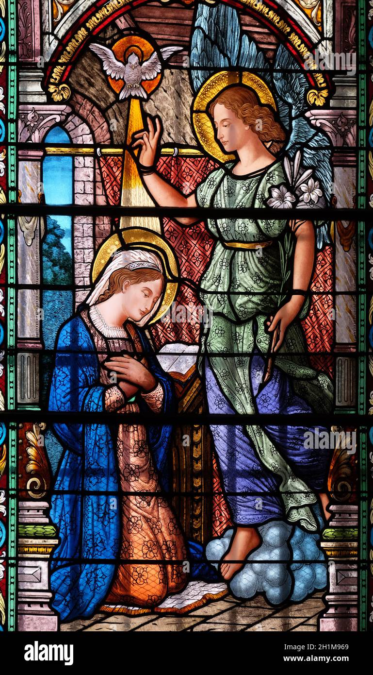Annunciation to the Virgin Mary, stained glass window in the Cathedral of Saint Lawrence in ...