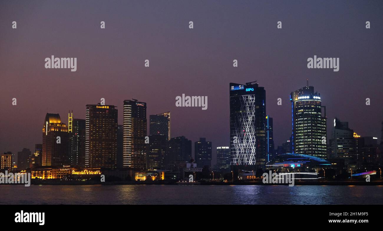 Night view to the riverside business center in Shanghai, China Stock ...