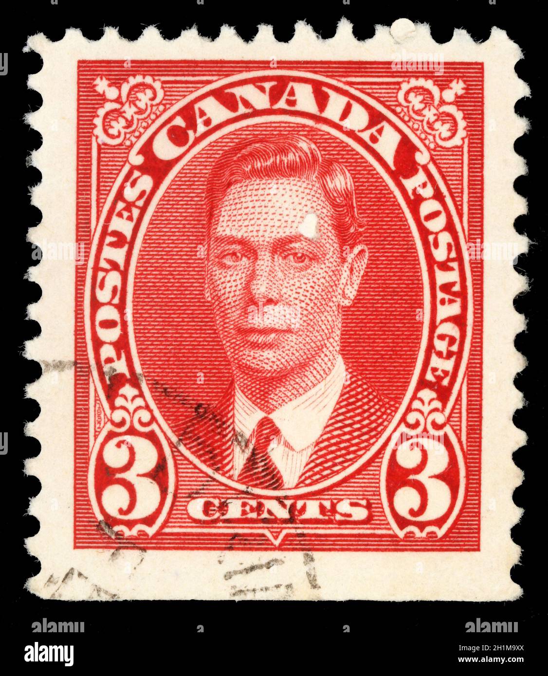 Stamp printed in Canada, shows portrait of King George VI (1895-1952 ...