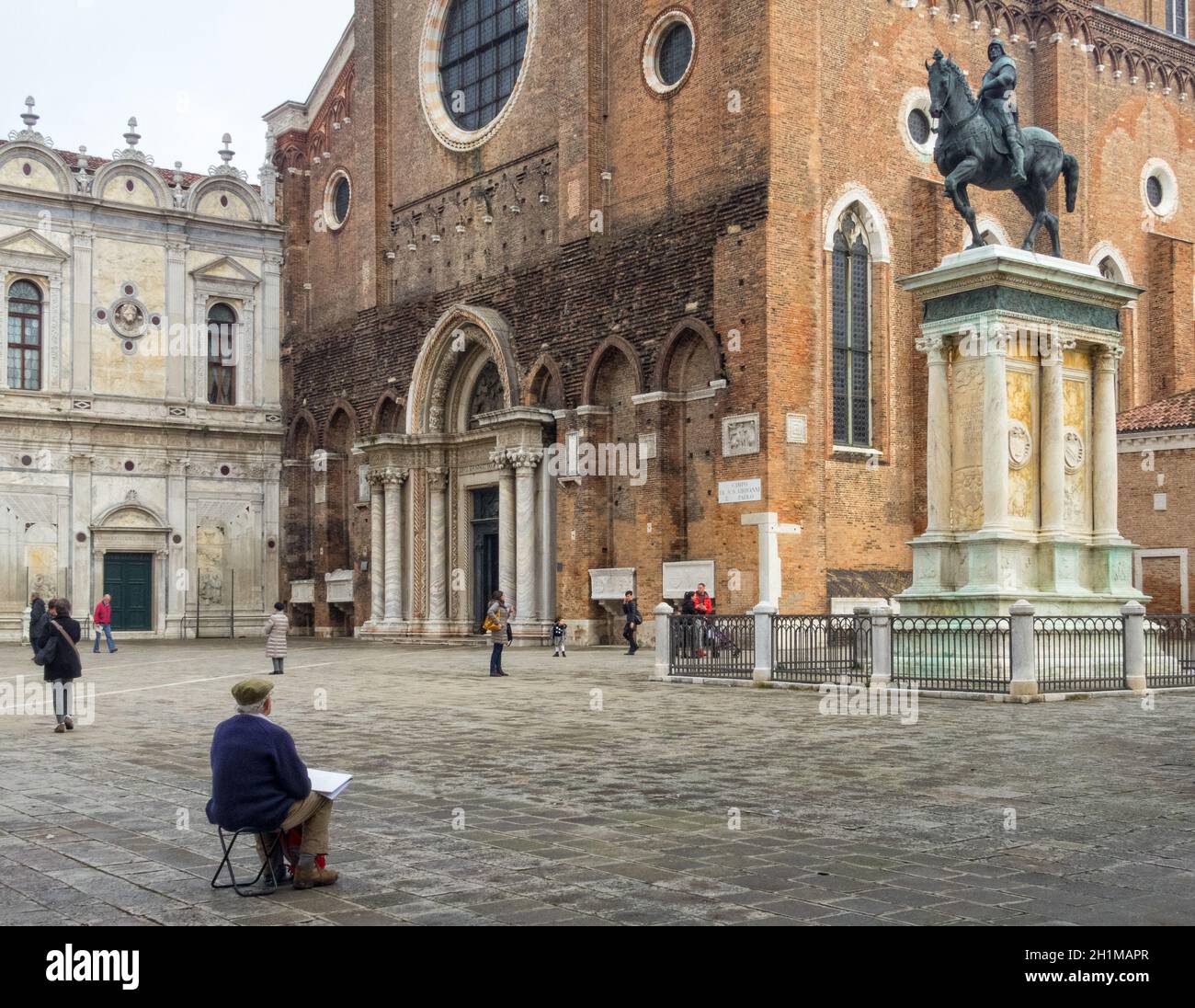 An artist is drawing the equestrian statue of Bartolomeo Colleoni in ...