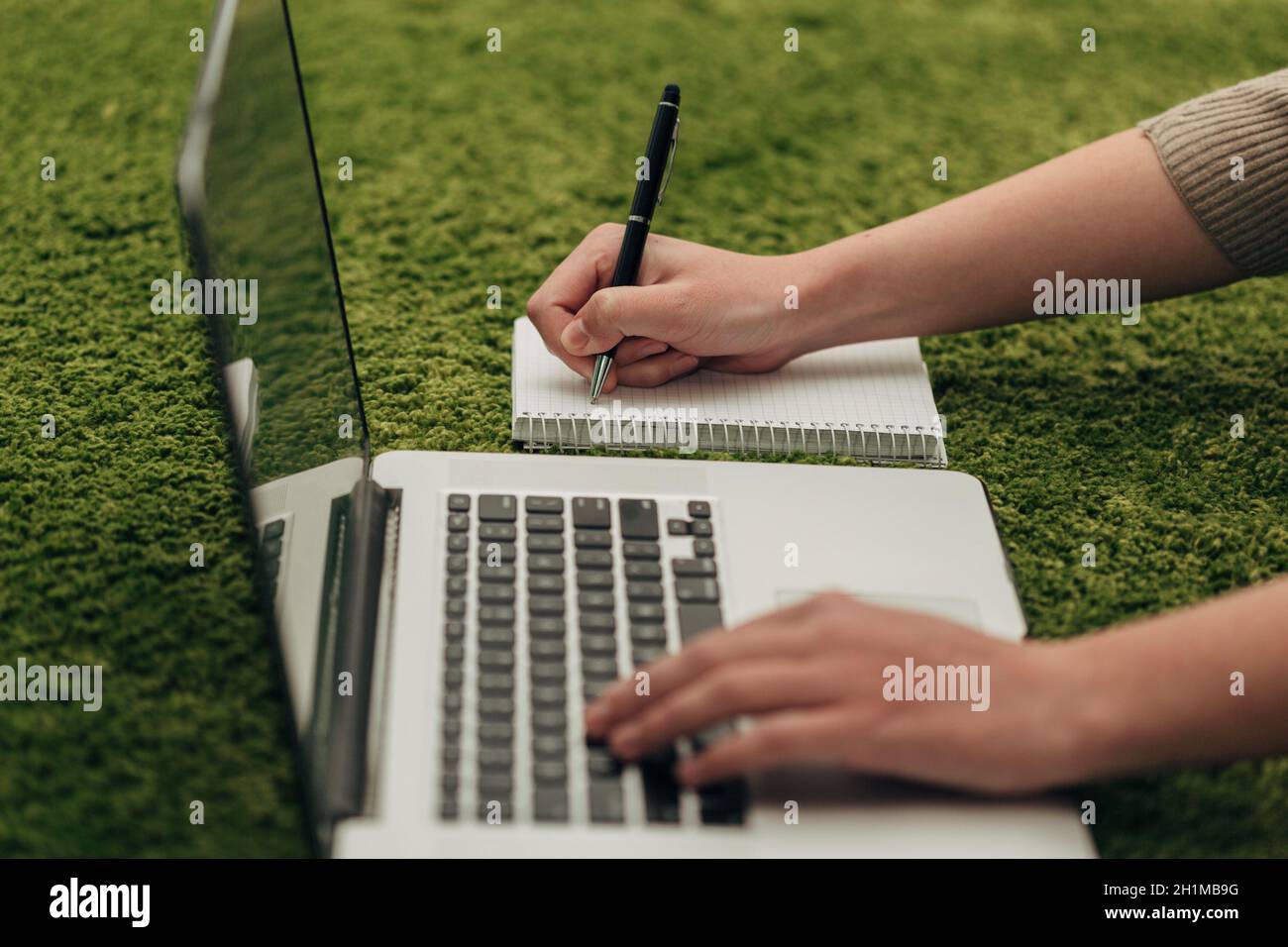 Girl Writes Notepad Information from a Laptop Screen Stock Photo - Alamy