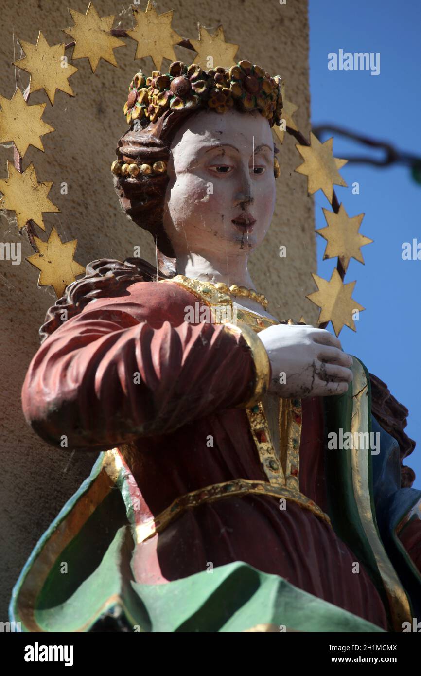 Statue of Virgin Mary, Main street of Miltenberg in Lower Franconia ...