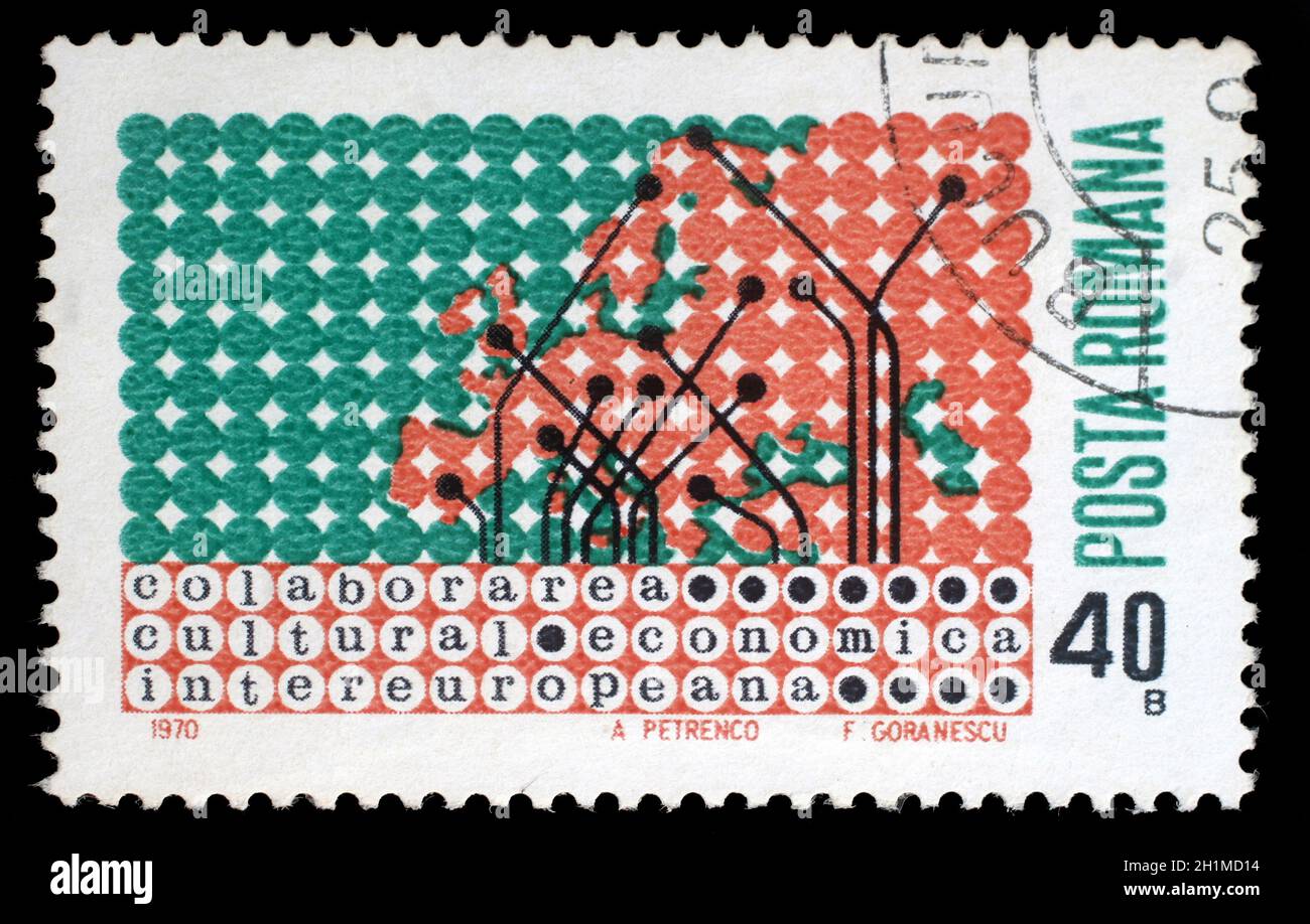 Stamp printed in Romania shows Map of Europe in dot pattern, circa 1970 ...