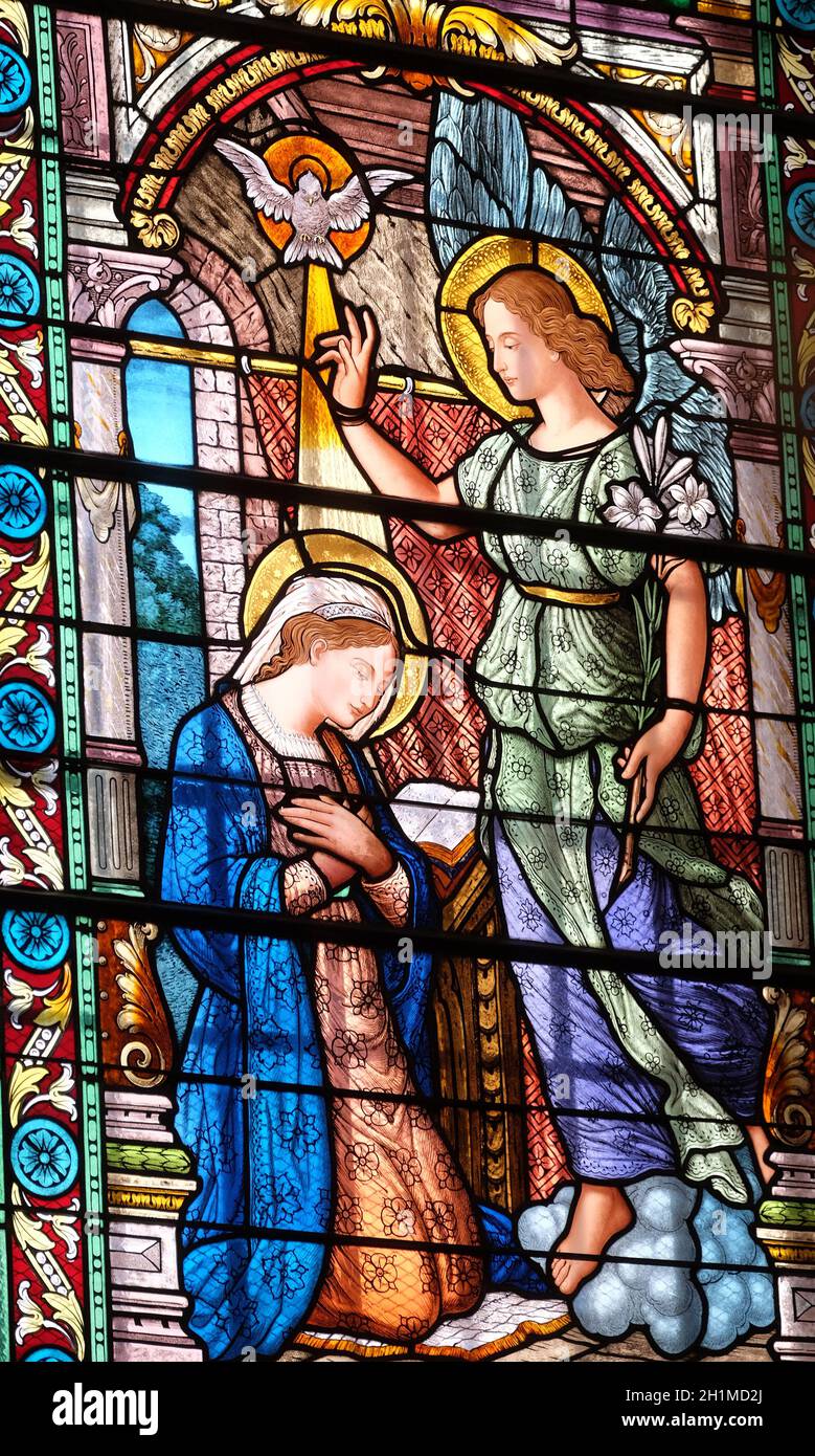 Annunciation to the Virgin Mary, stained glass window in the Cathedral of Saint Lawrence in ...