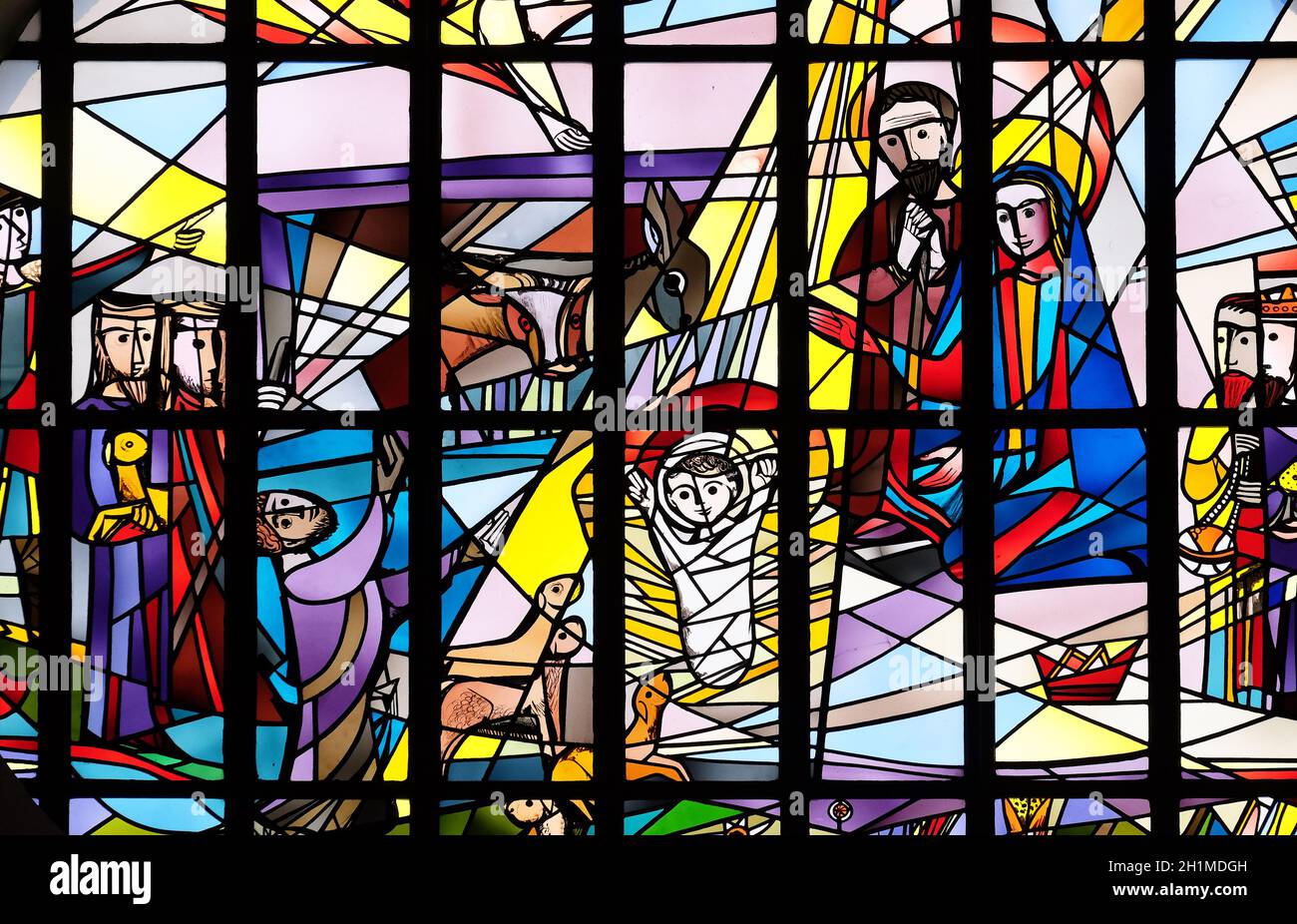Nativity Scene, stained glass window in the Saint Lawrence church in ...
