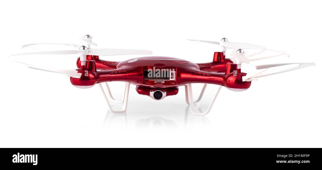 The red drone flying isolated on white background. Clsoe up of fly ...