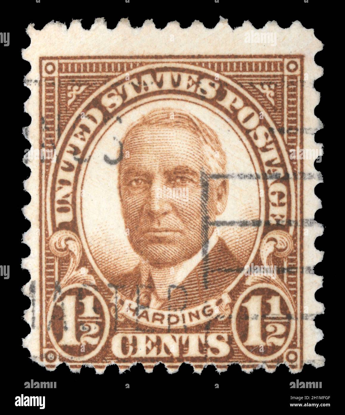 Stamp printed in United States. Displays the image of President Harding ...