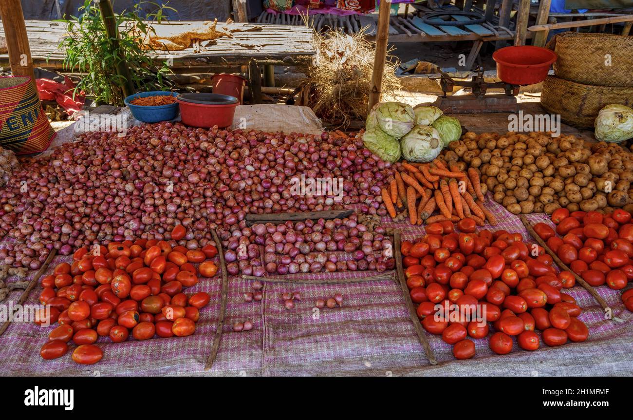 Maroantsetra, Madagascar, fresh vegetables at the marketplace, tomato ...