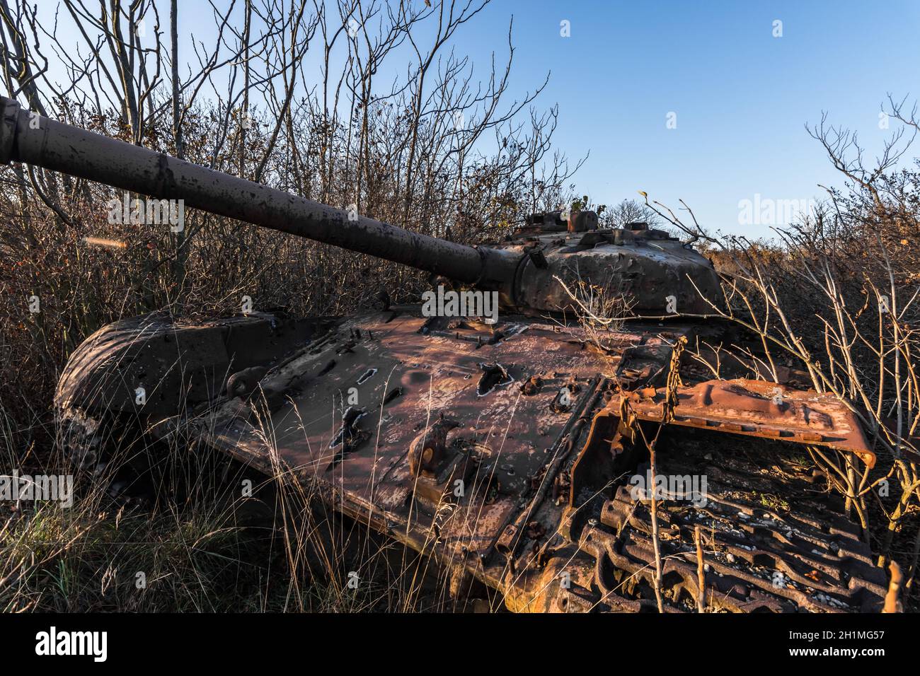 rusty old tank on a testground from the military in the nature Stock ...