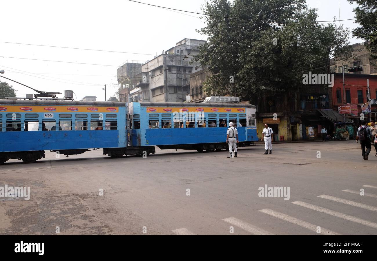 Traditional tram downtown Kolkata. Kolkata is the only Indian city with ...
