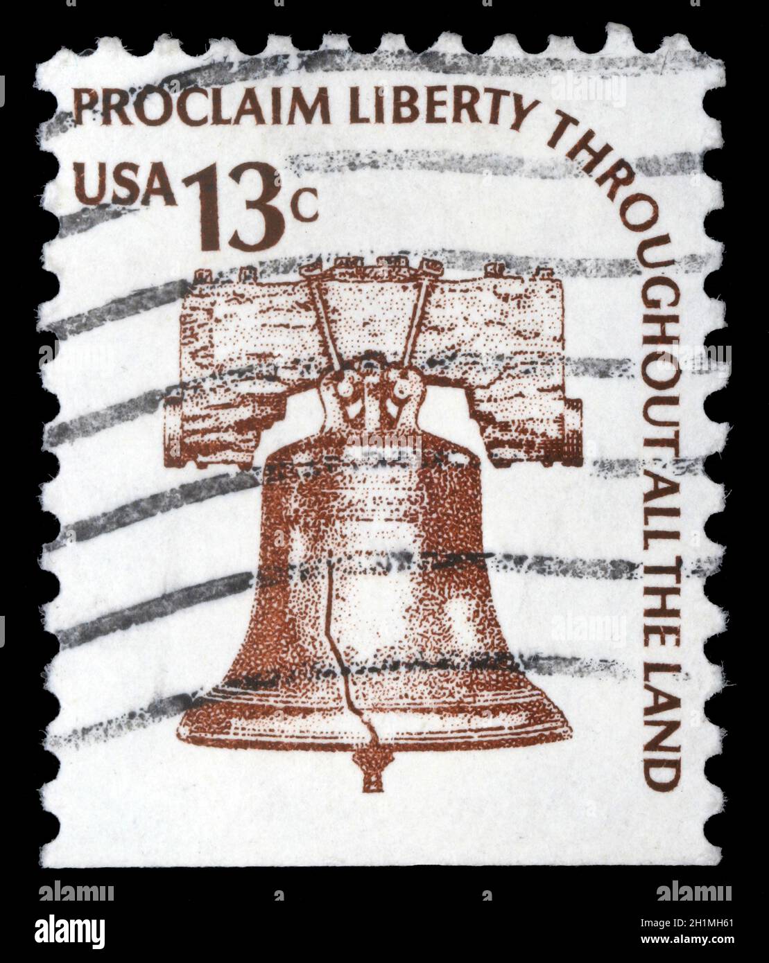 Stamp printed in the United States shows an image of the Liberty Bell ...