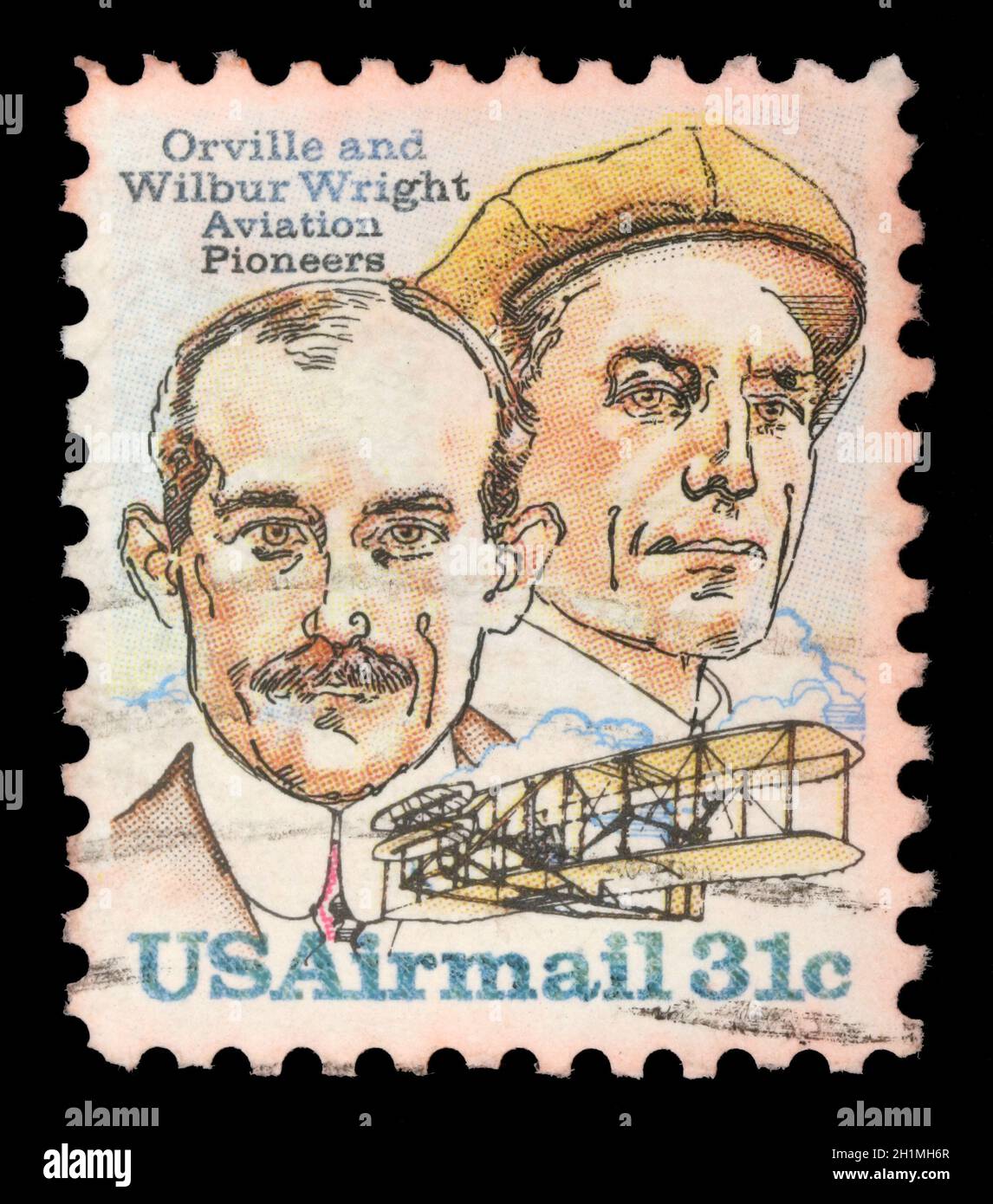 Stamp printed in USA shows image of the brothers Orville and Wilbur ...