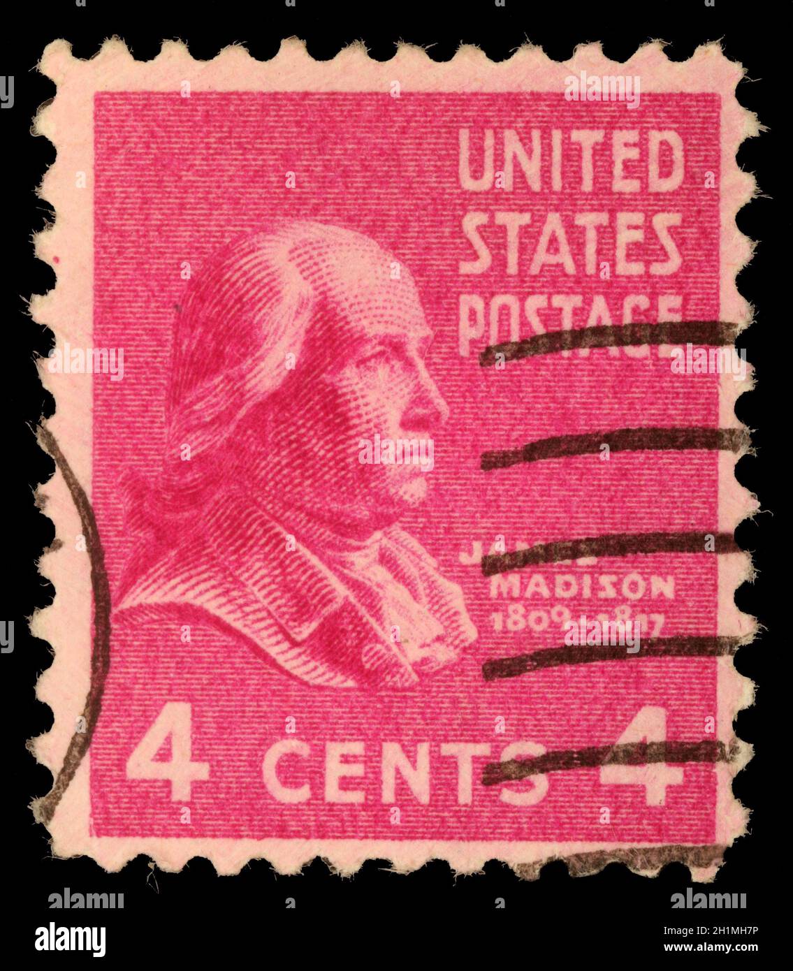 Stamp printed in United States. Displays the profile of President James ...