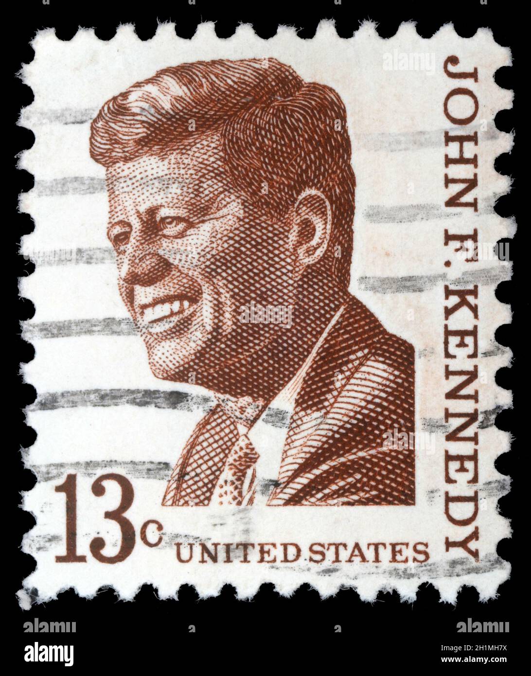Stamp printed by United States shows President John Kennedy, circa 1967 ...