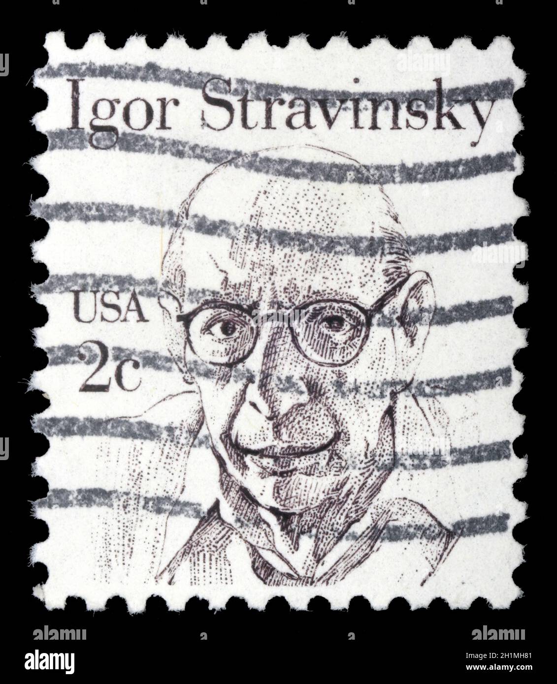 Stamp printed in the USA shows image of composer Igor Stravinsky, circa ...