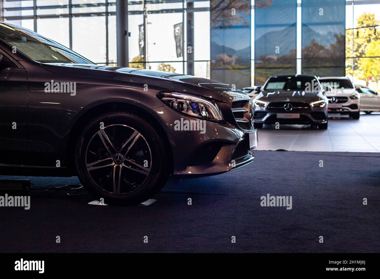 Stuttgart, Germany - August 8, 2020: showroom with mercedes benz cars ...