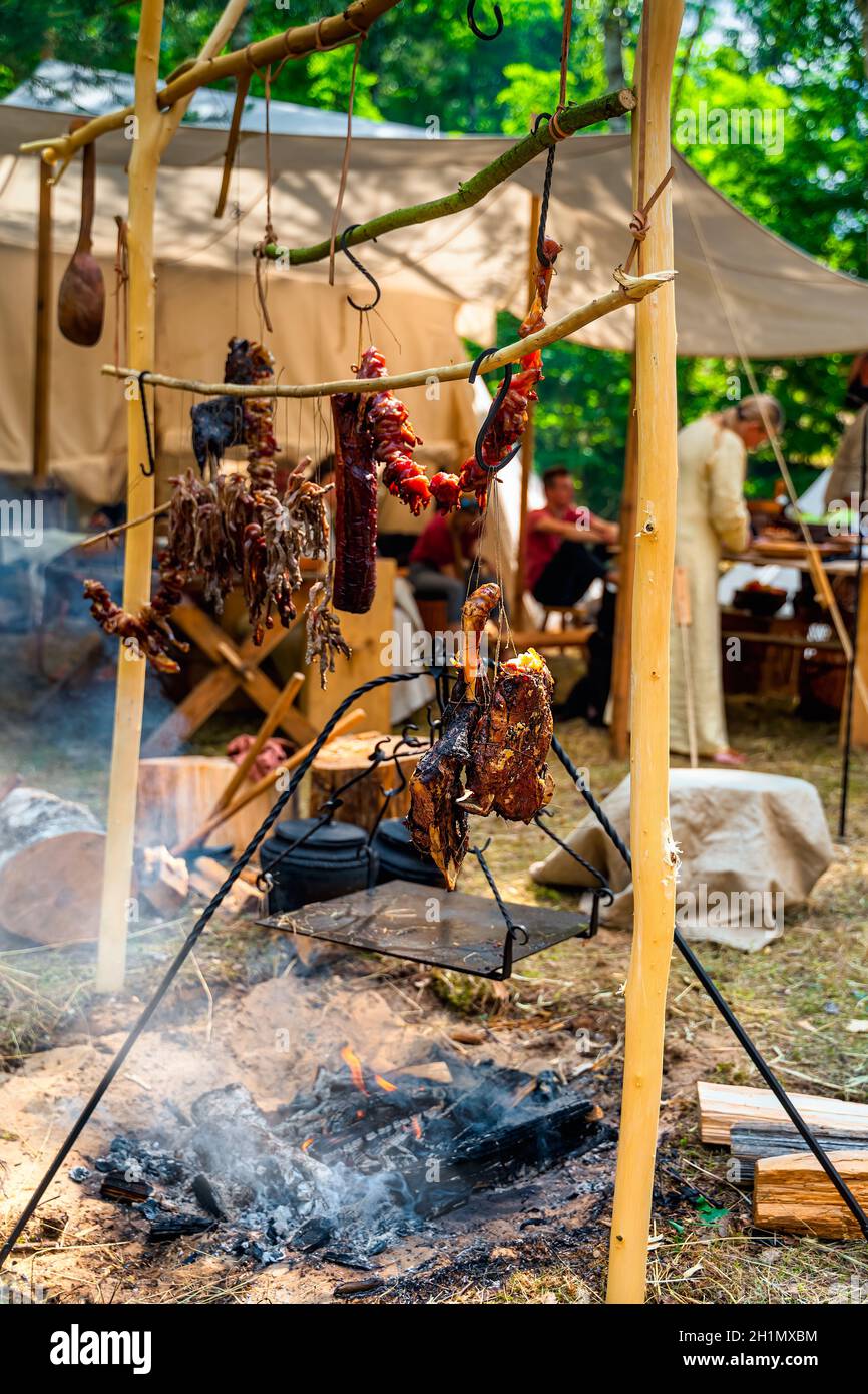 Historical reenactment of Slavic or Vikings tribe tent camp with ...