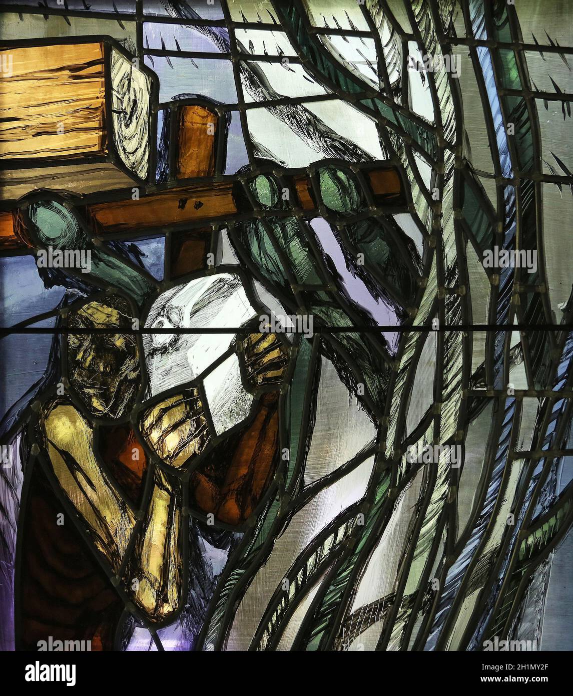 Simon of Cyrene carries the cross, detail of stained glass window by ...