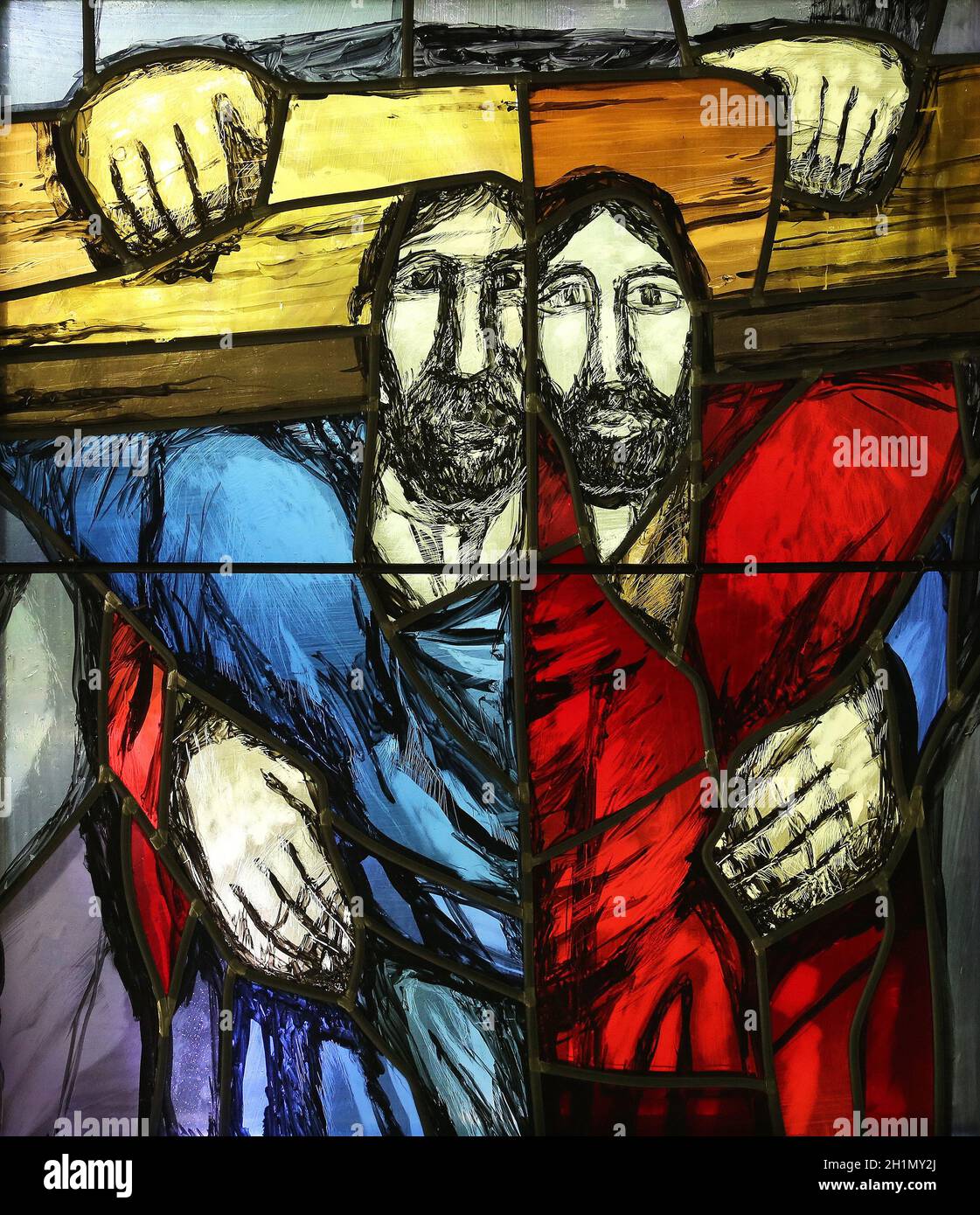 Simon of Cyrene carries the cross, stained glass window by Sieger Koder ...