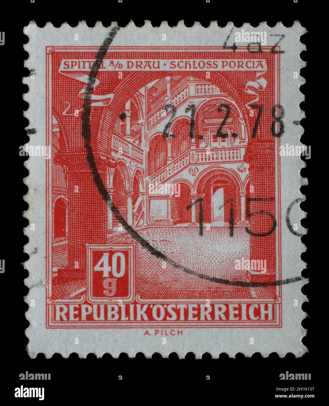 Stamp printed in Austria, shows Schloss Porcia (Porcia Castle) in ...