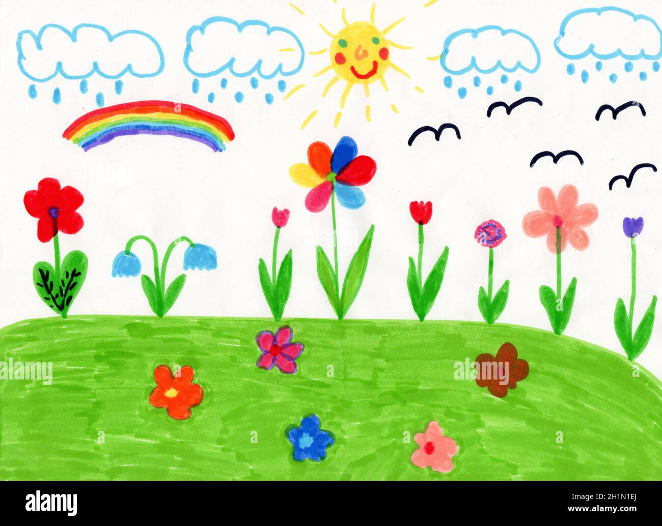 childish drawing of house flowers and colored rainbow. Bright summer ... childish drawing of house flowers and colored rainbow. Bright summer ...