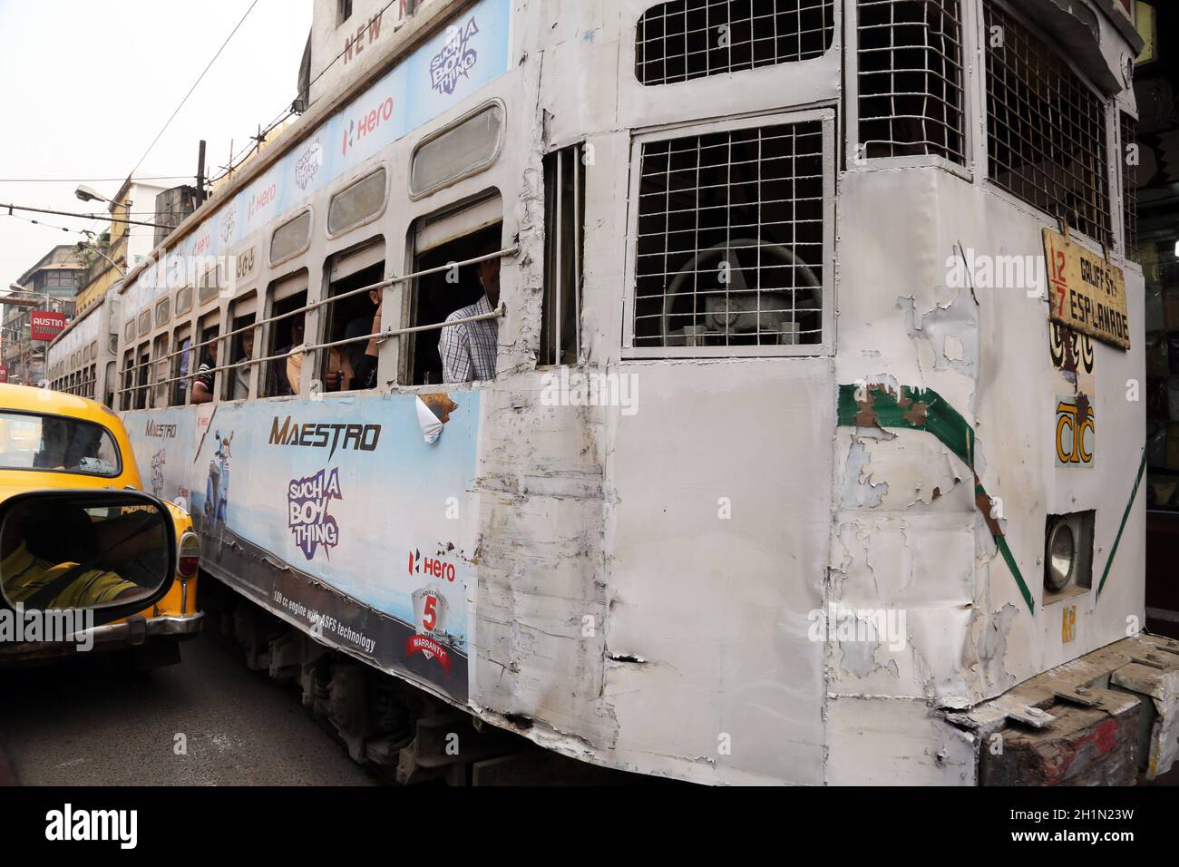 Traditional tram downtown Kolkata. Kolkata is the only Indian city with ...
