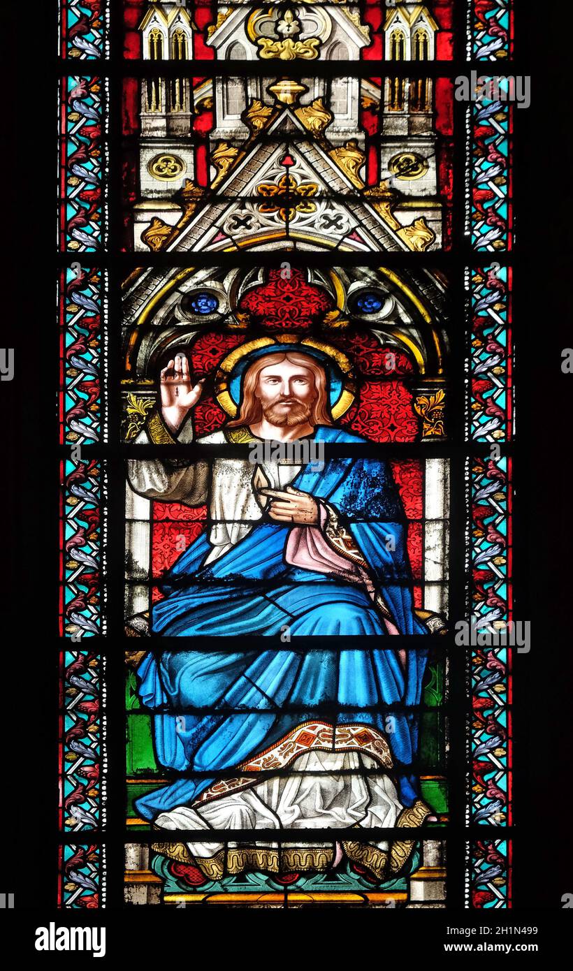 Christ blessing, stained glass window in the Basilica of Saint Clotilde ...