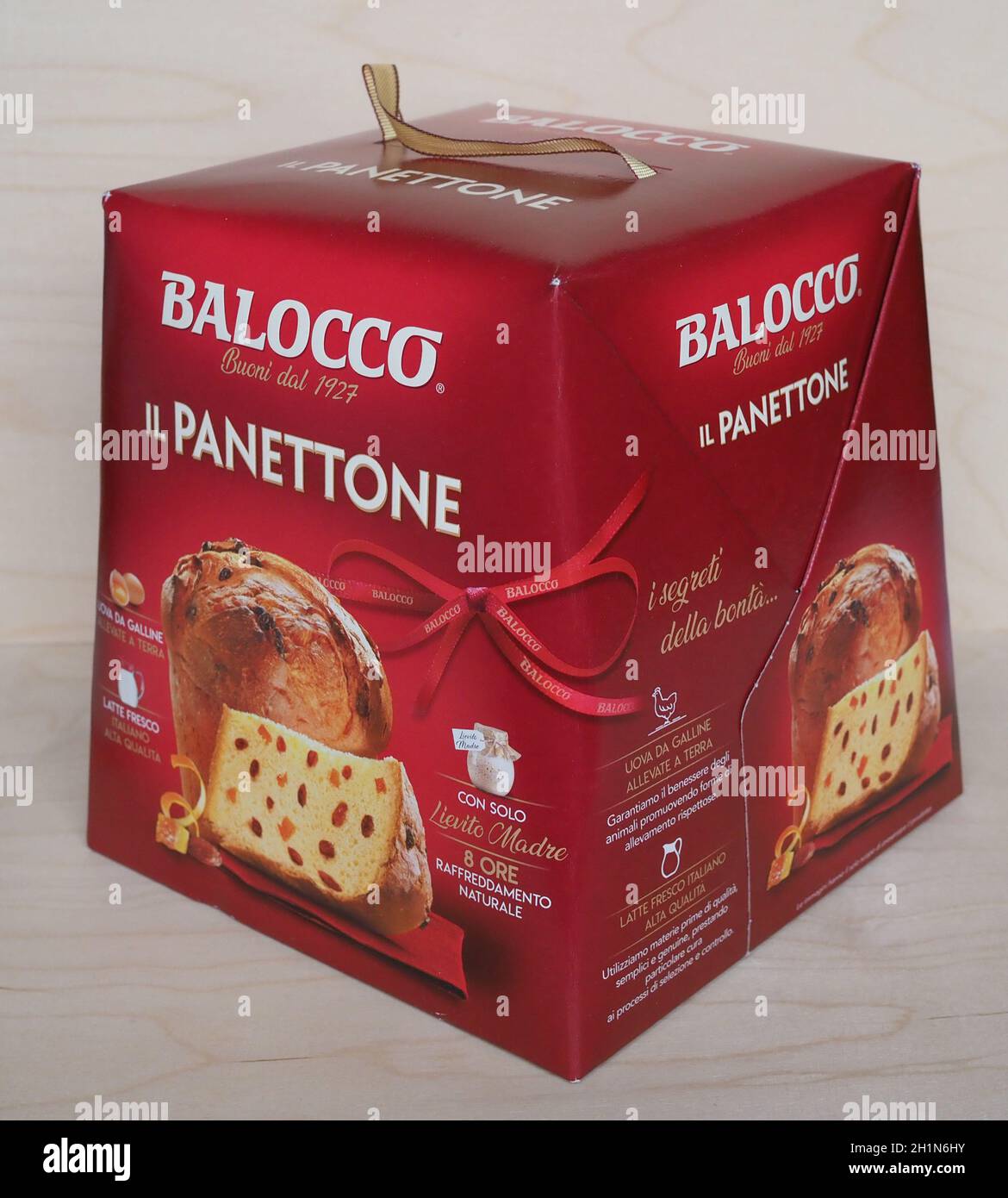 FOSSANO, ITALY - CIRCA DECEMBER 2020: Box of Balocco Panettone cake ...