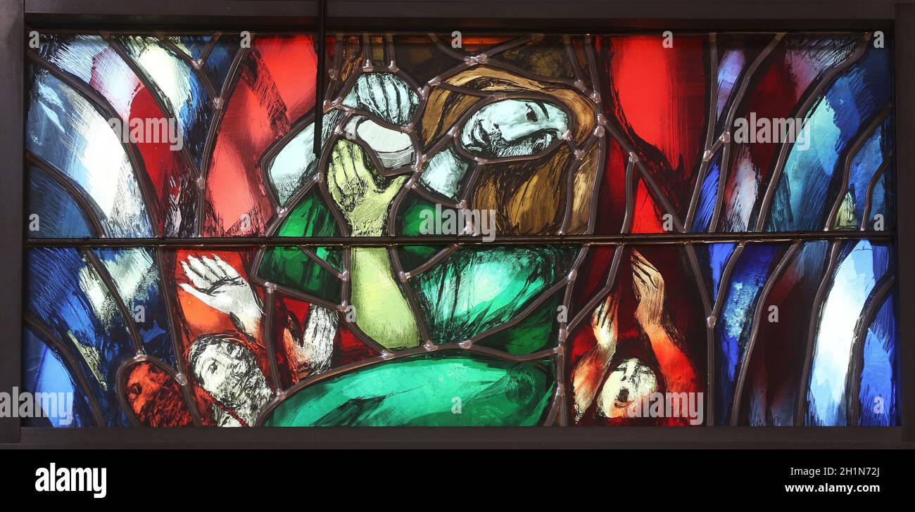 Resurrection, God gives people new life, detail of stained glass window ...